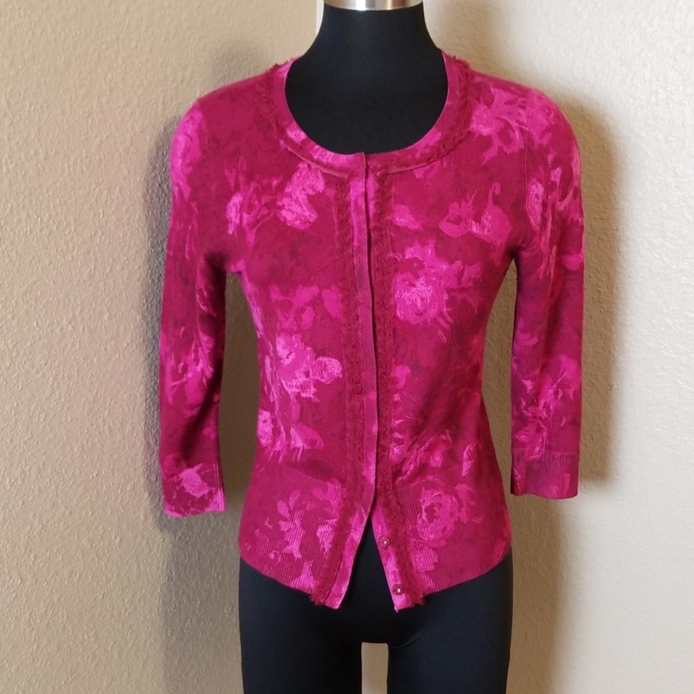 Whbm Pink Floral Lace Trim Snap Front Sweater - Gem